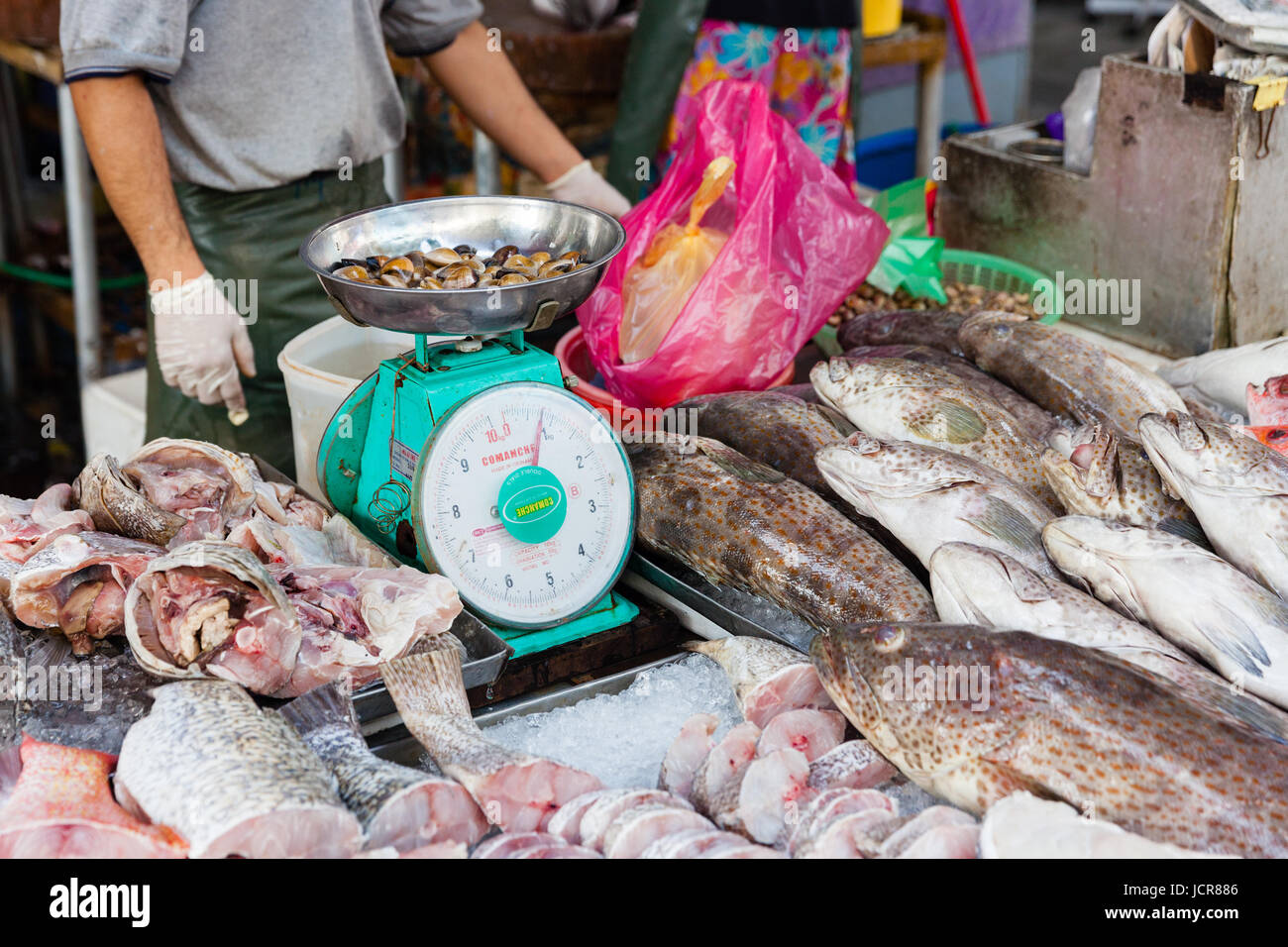 GEORGE TOWN, MALAYSIA - MARCH 23: Man sells fresh fish at the wet ...