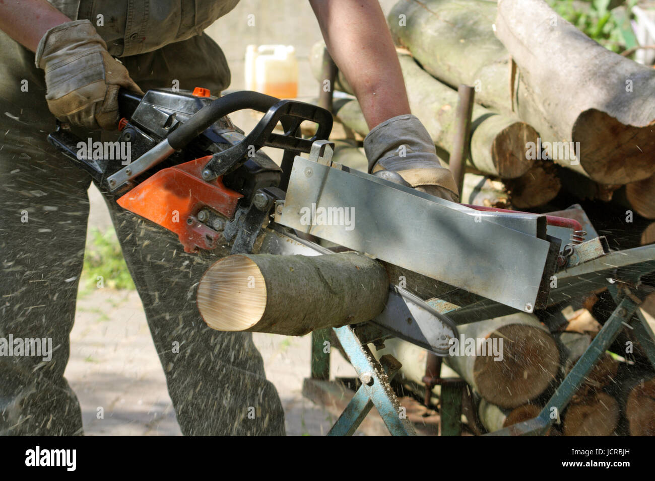 Chainsaw cutting through tree. Shot outdoor Stock Photo - Alamy