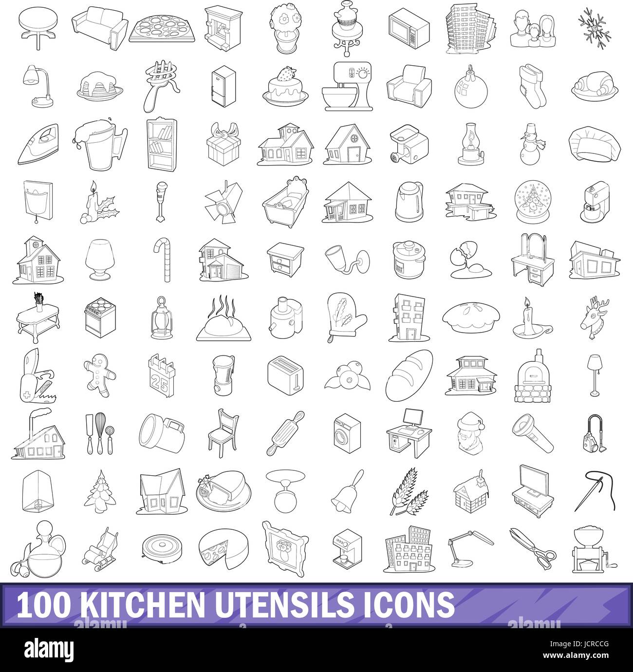 100 kitchen utensils icons set, outline style Stock Vector Image & Art - Alamy