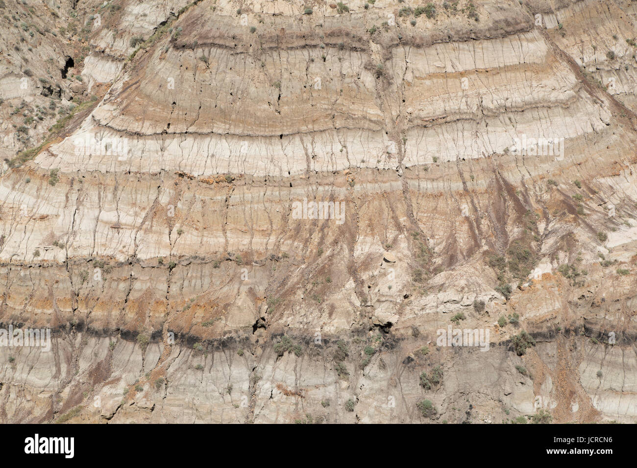 Exposed, stratified rock in the Badlands of Alberta, near Drumheller ...