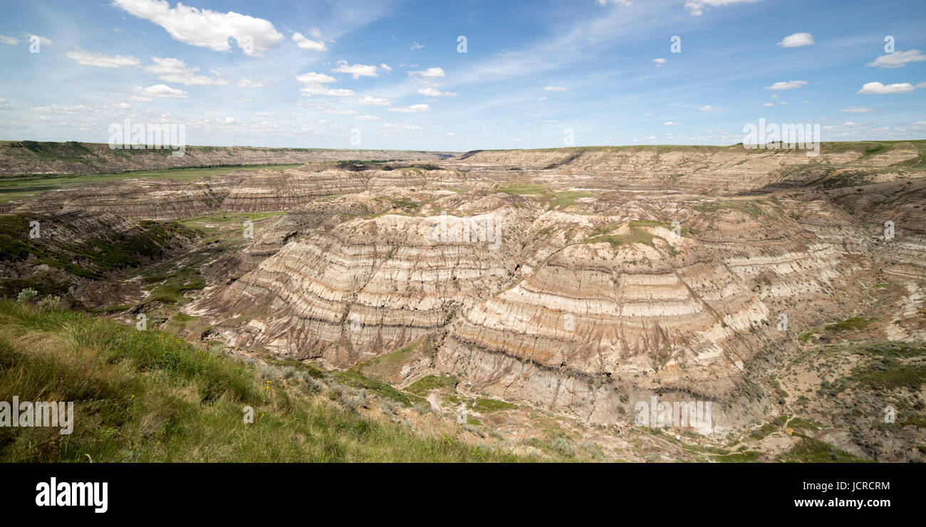 Exposed, stratified rock in the Badlands of Alberta, near Drumheller ...