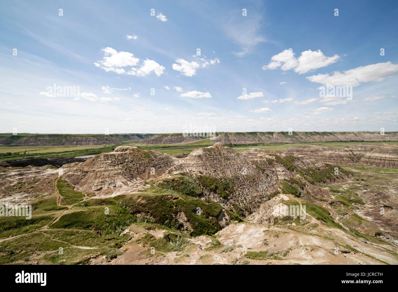 Exposed, stratified rock in the Badlands of Alberta, near Drumheller ...
