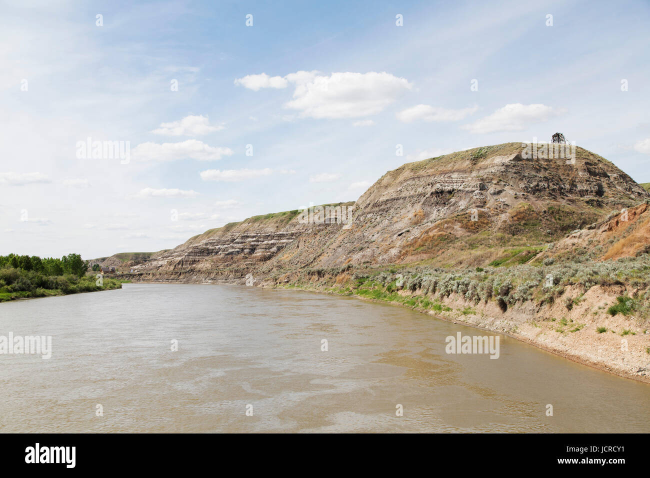 Blue sky over the Red Deer River in the Badlands of Alberta, near ...