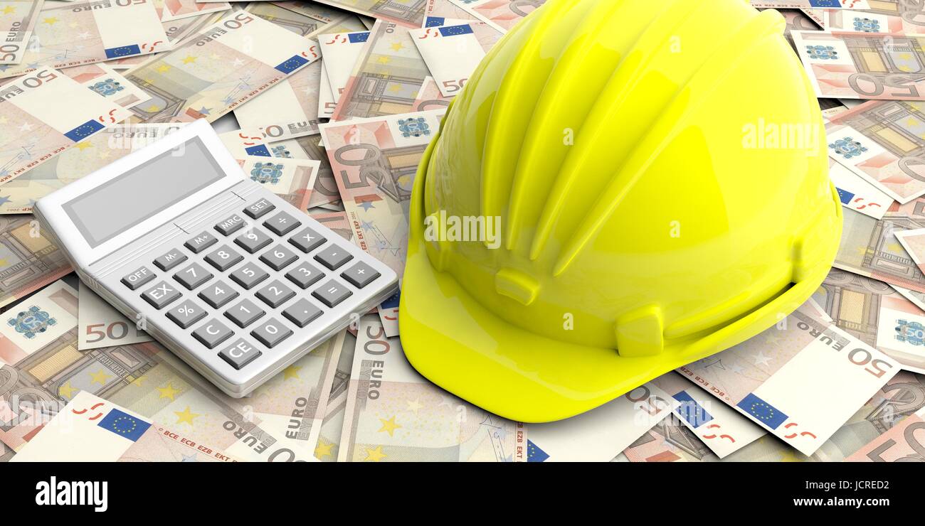 Construction cost concept. Hard hat and calculator on euro banknotes ...