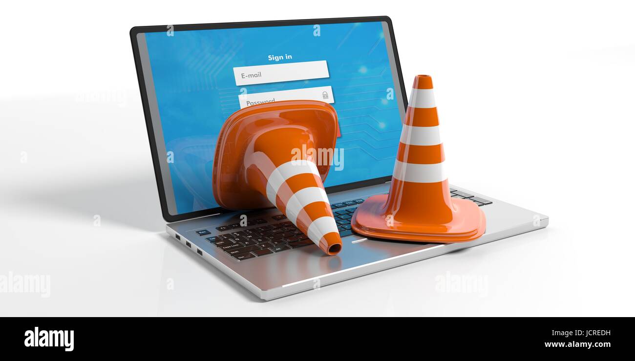 Traffic cones on a laptop - white background. 3d illustration Stock ...