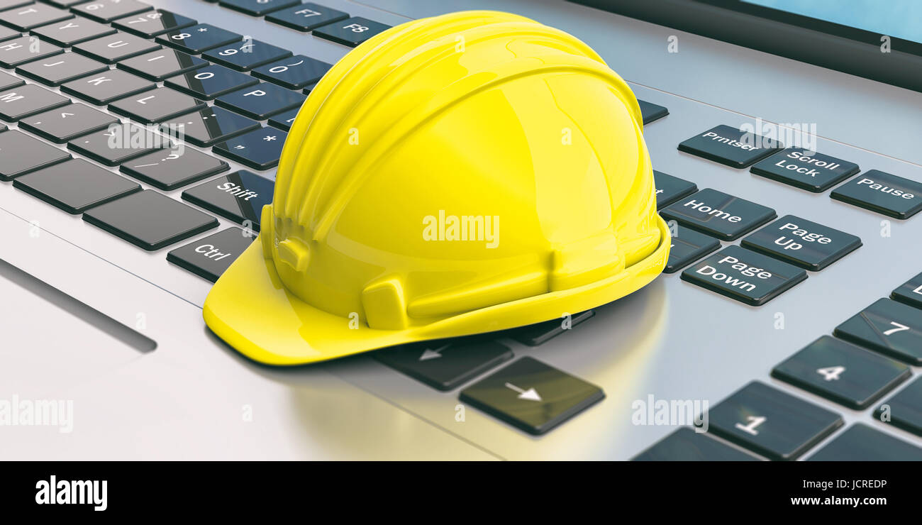 Construction hard hat on a computer. 3d illustration Stock Photo - Alamy
