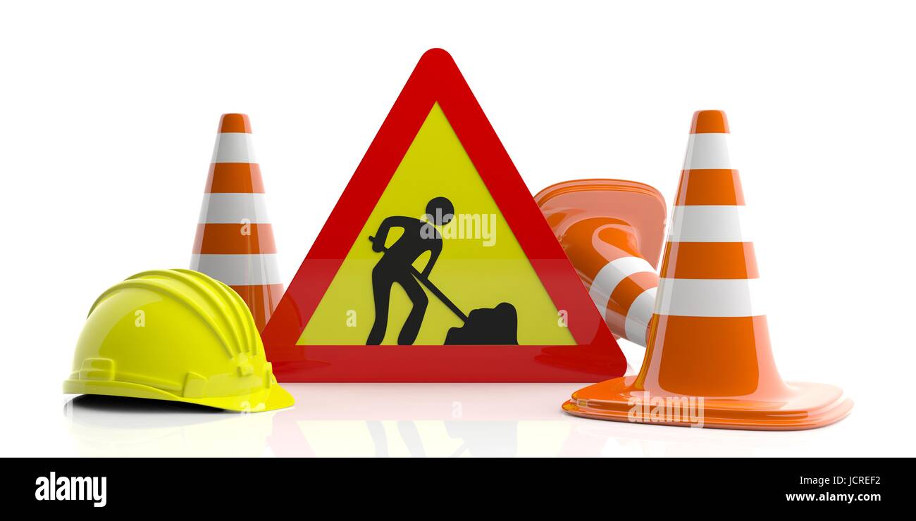 Work in progress concept. Traffic cones and sign and hard hat on white ...