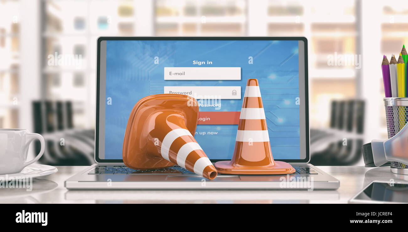 Traffic cones on a laptop - office background. 3d illustration Stock ...