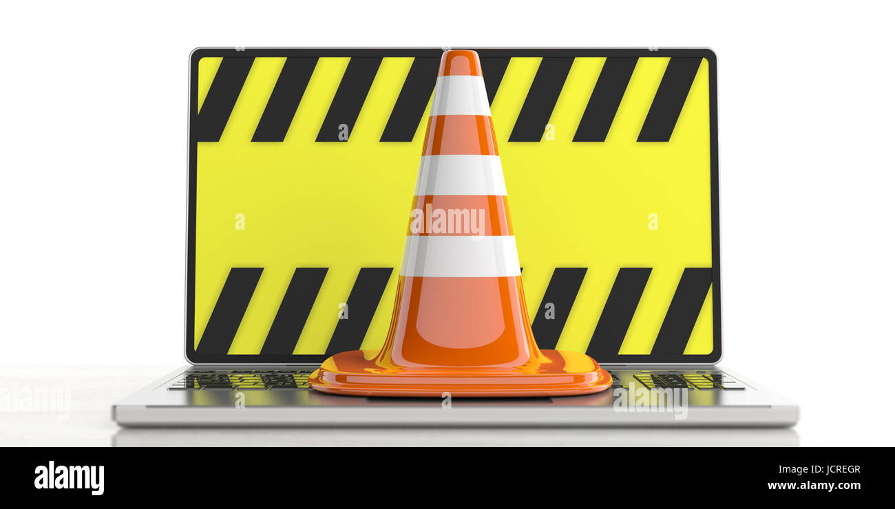 Traffic cone on a laptop - white background. 3d illustration Stock ...