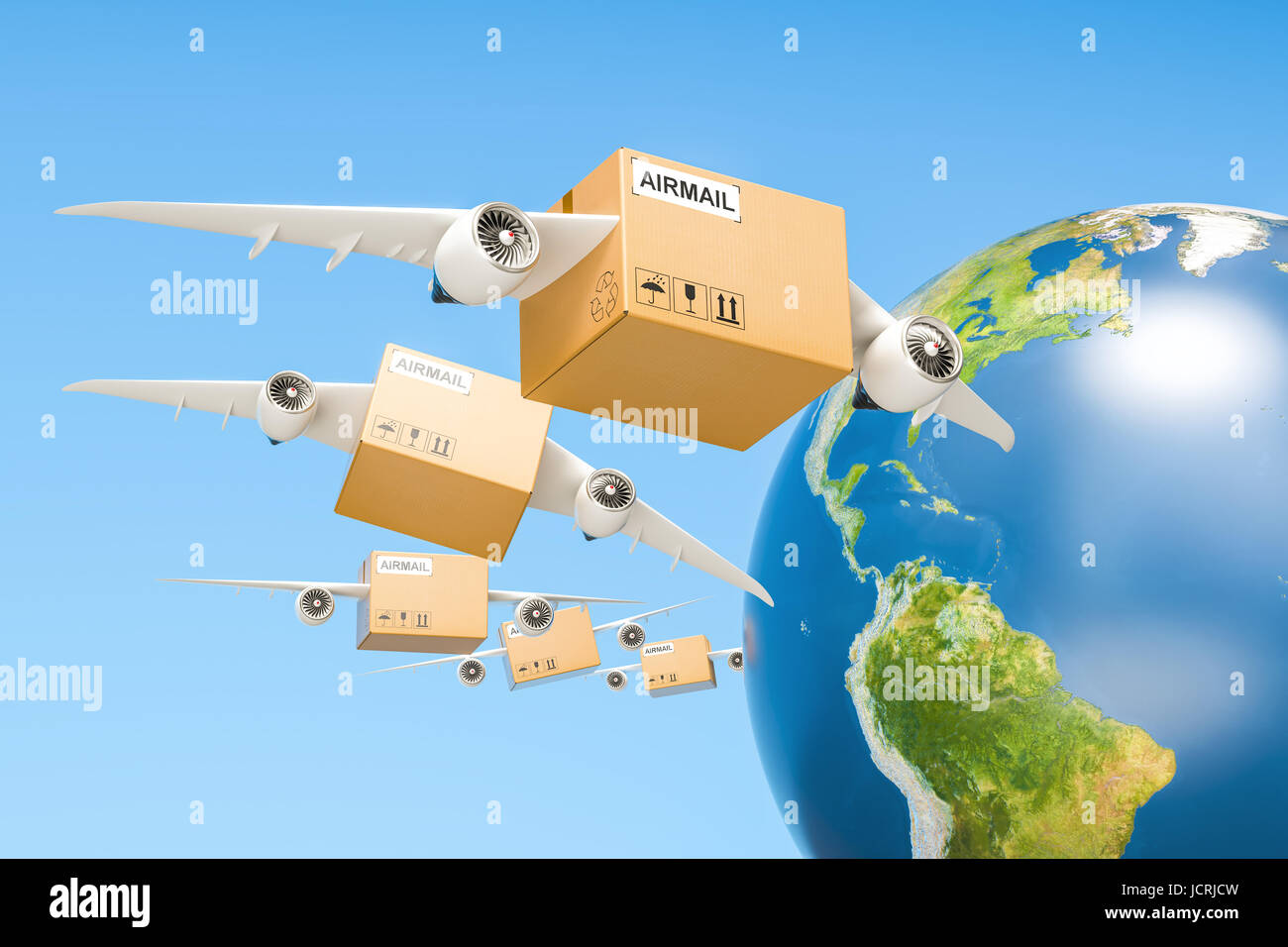 Global air mail delivery concept. Parcels with wings flying in the sky ...