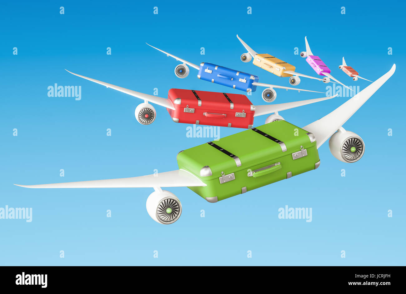 Travel concept, Suitcases with wings flying in the sky. 3D rendering ...