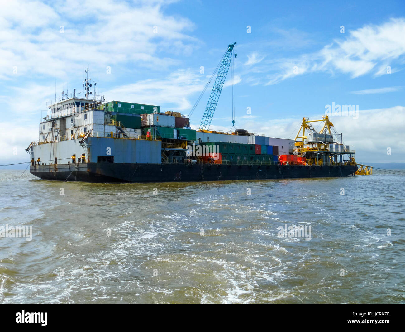 The cargo ship with the crane, the top view. Pipelaying barge Stock ...