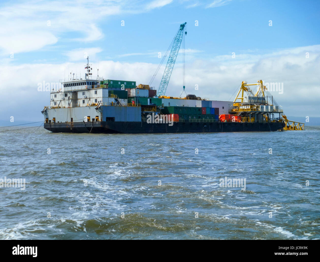 The cargo ship with the crane, the top view. Pipelaying barge Stock ...
