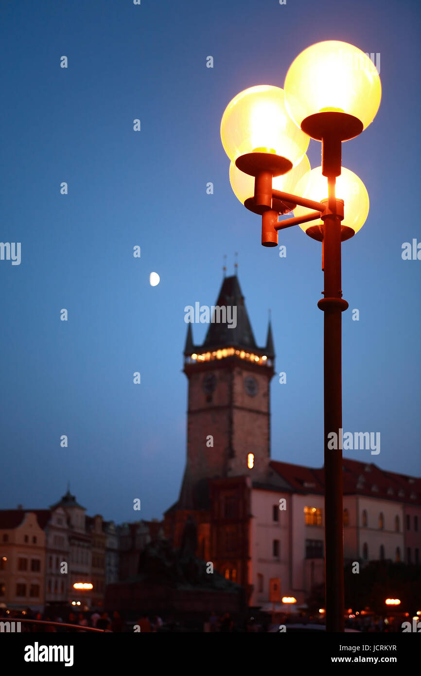 Luminous street lamp on background with Town Hall Tower,Prague,Czech ...