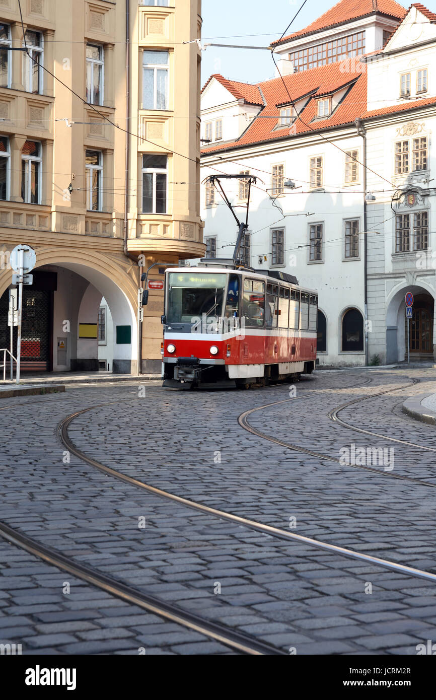 Vintage red cable car on narrow street in Prague,Czech Republic Stock ...