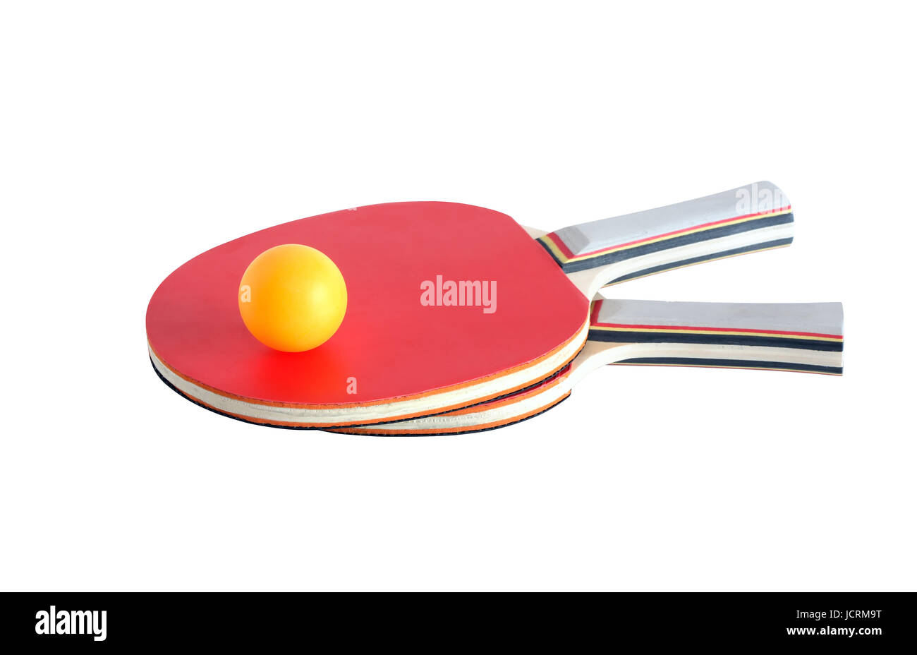 Table tennis rackets and yellow ball on white background. Isolated with ...