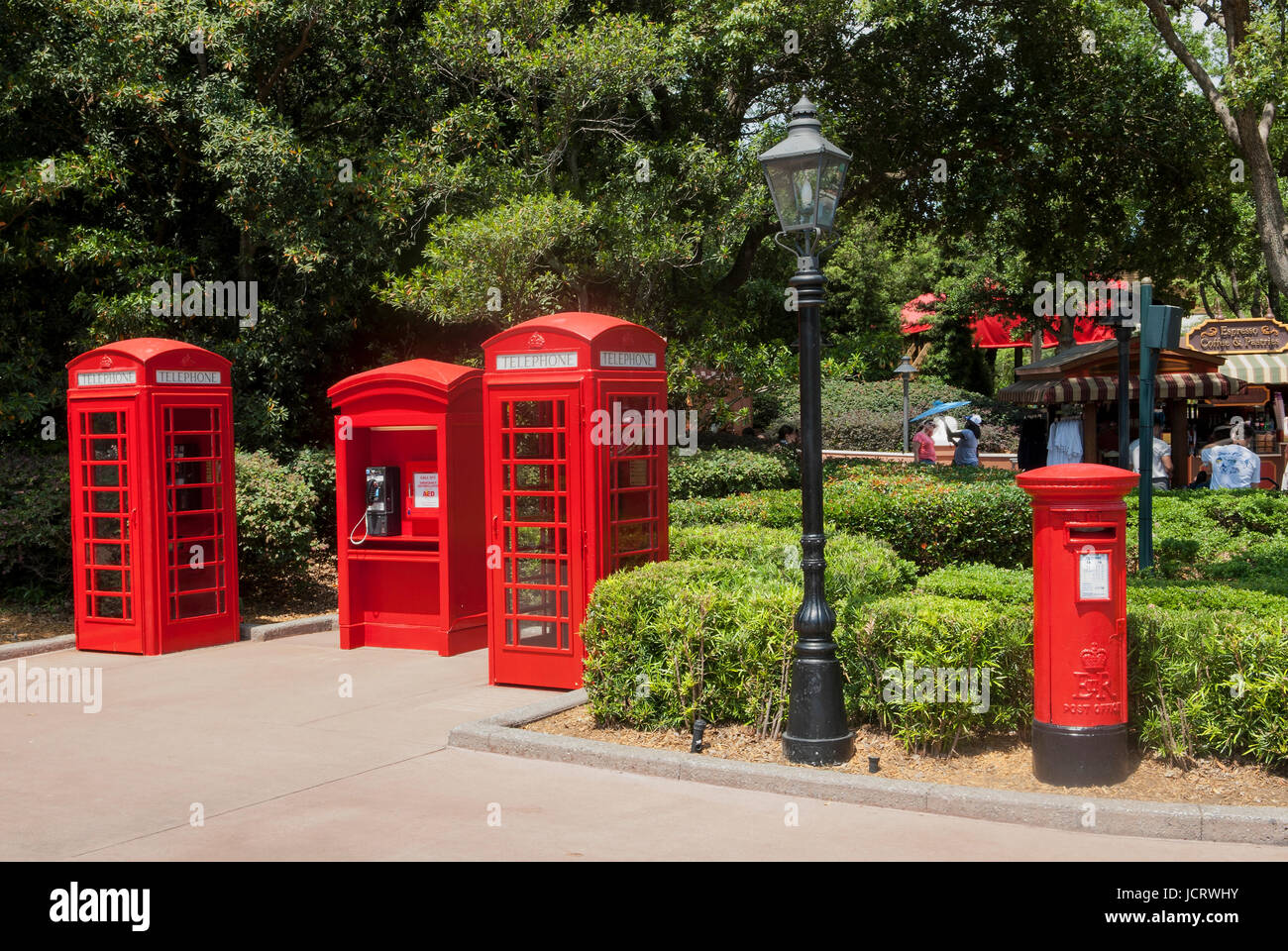 Iconic red phone boxes and mail box at Epcot theme park in Orlando ...