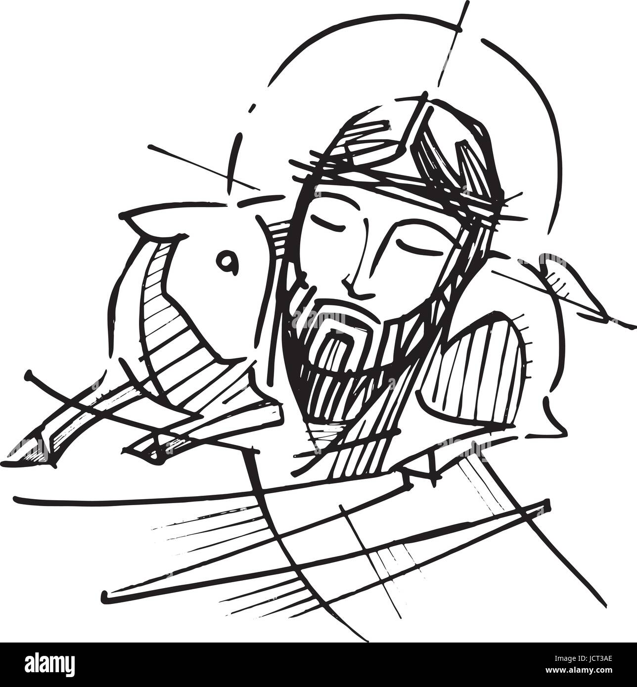 Hand drawn vector illustration or drawing of Jesus Christ and a sheep ...
