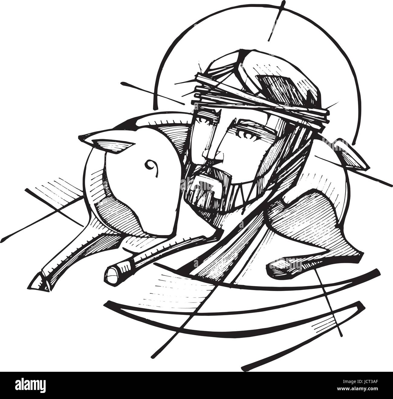 Hand drawn vector illustration or drawing of Jesus Christ and a sheep ...