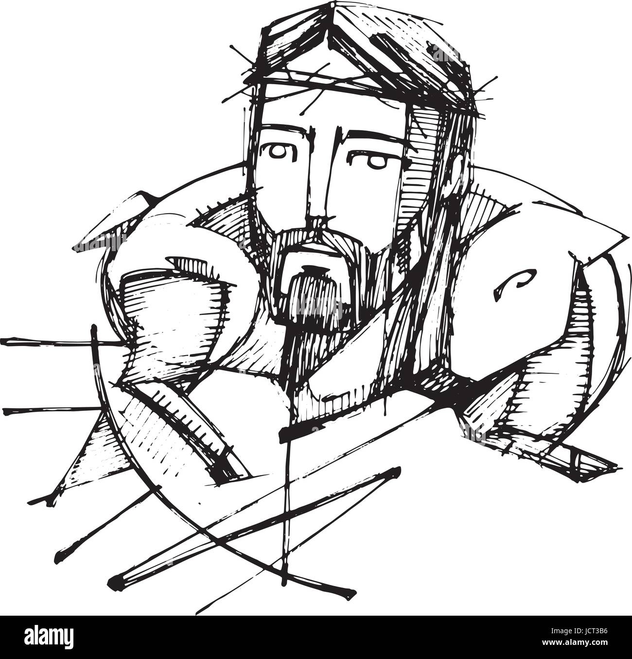 Hand drawn vector illustration or drawing of Jesus Christ and a sheep ...