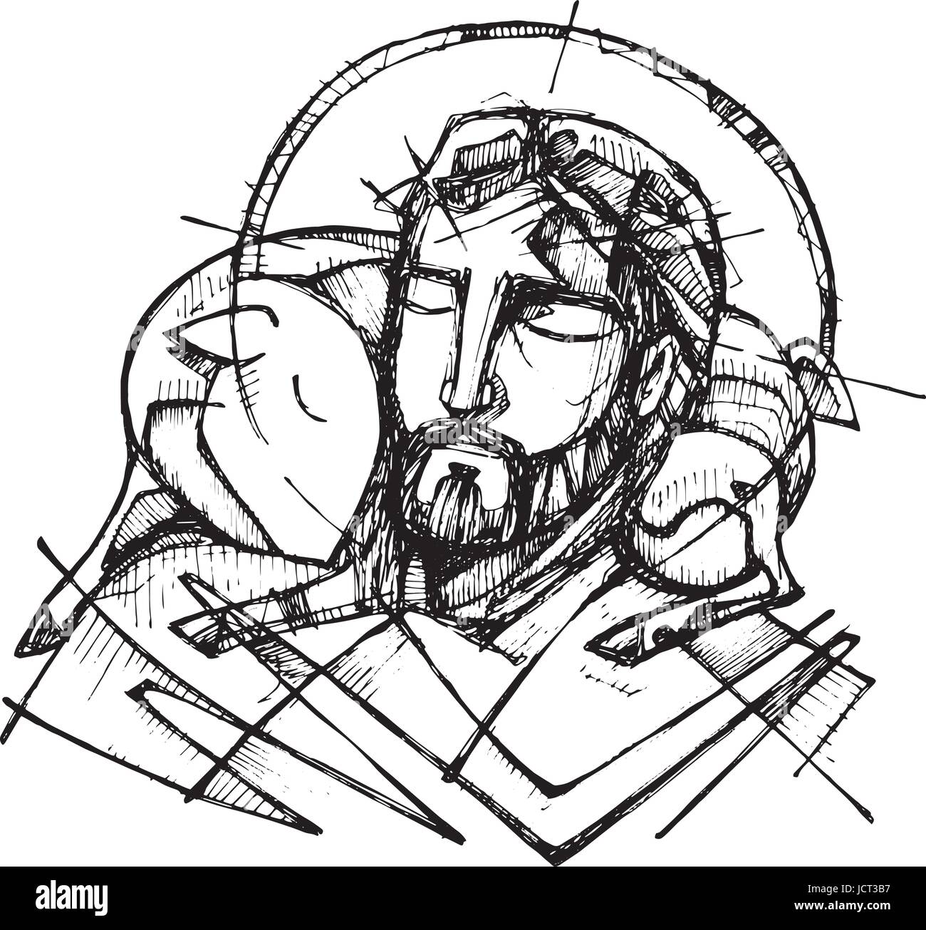 Hand drawn vector illustration or drawing of Jesus Christ and a sheep ...