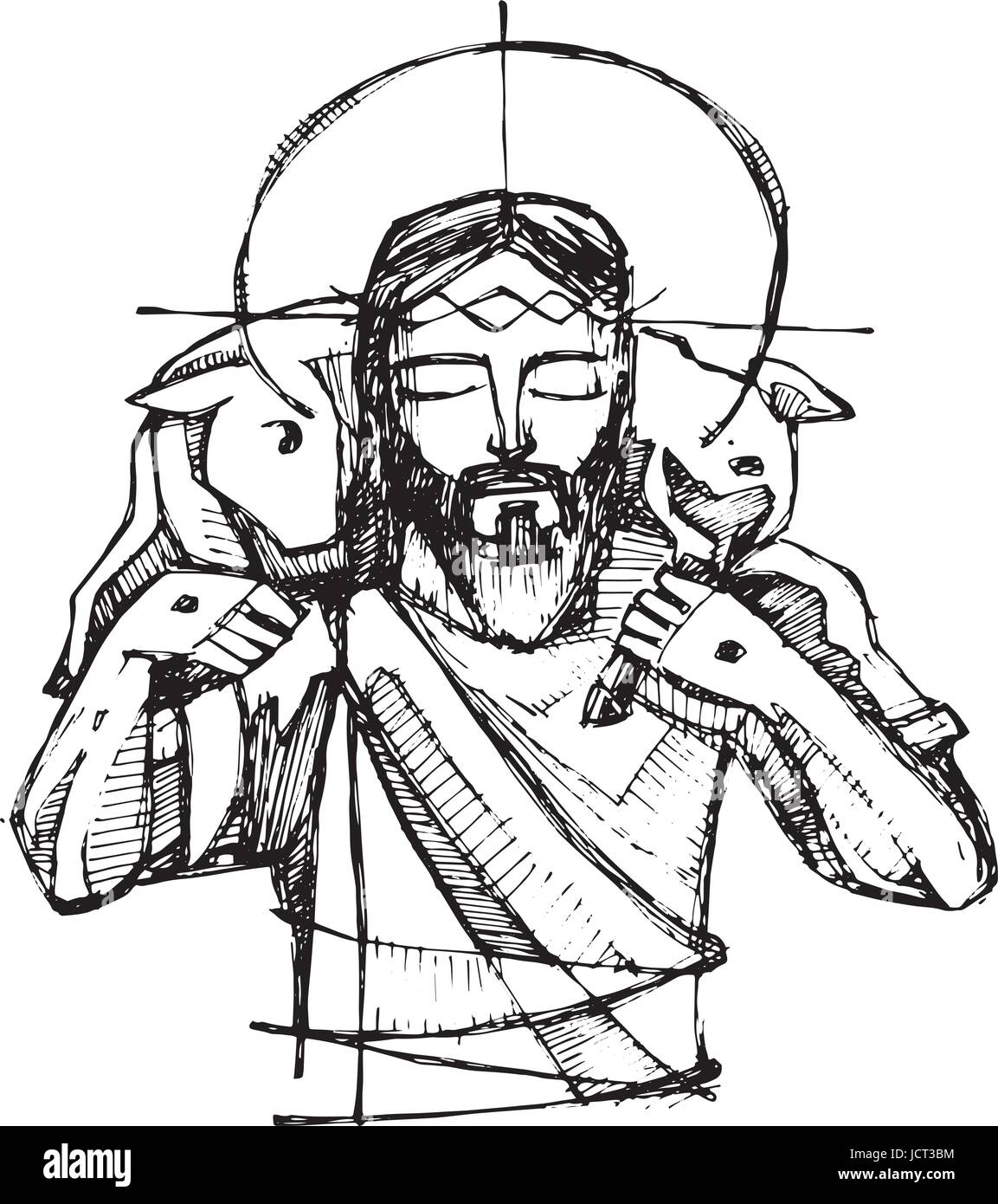Hand drawn vector illustration or drawing of Jesus Christ and a sheep ...