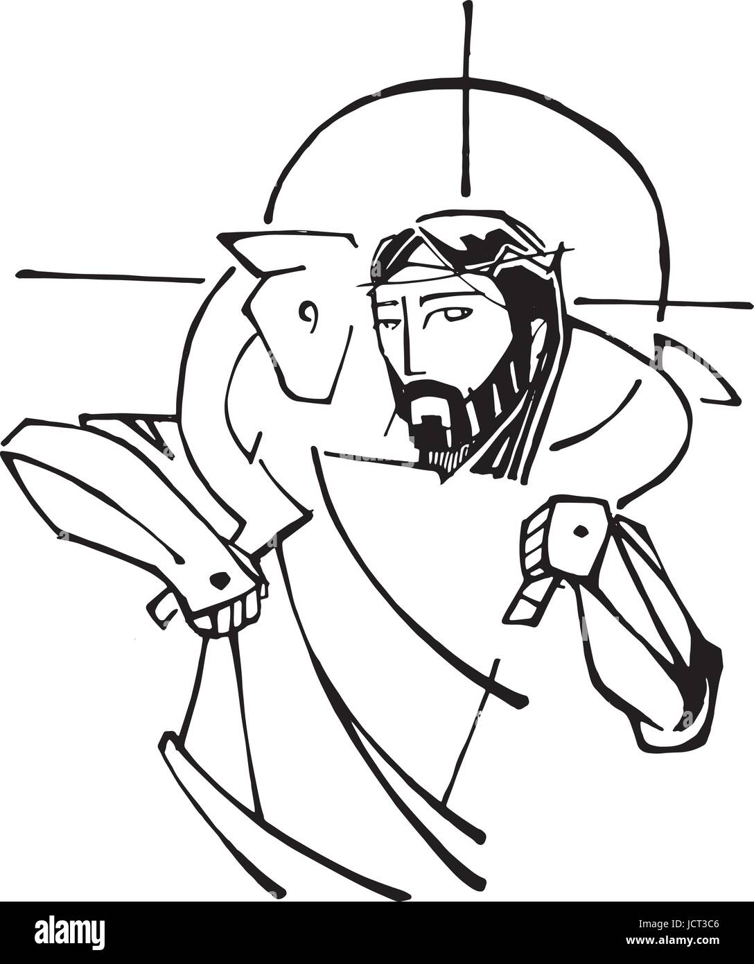Hand drawn vector illustration or drawing of Jesus Christ and a sheep ...