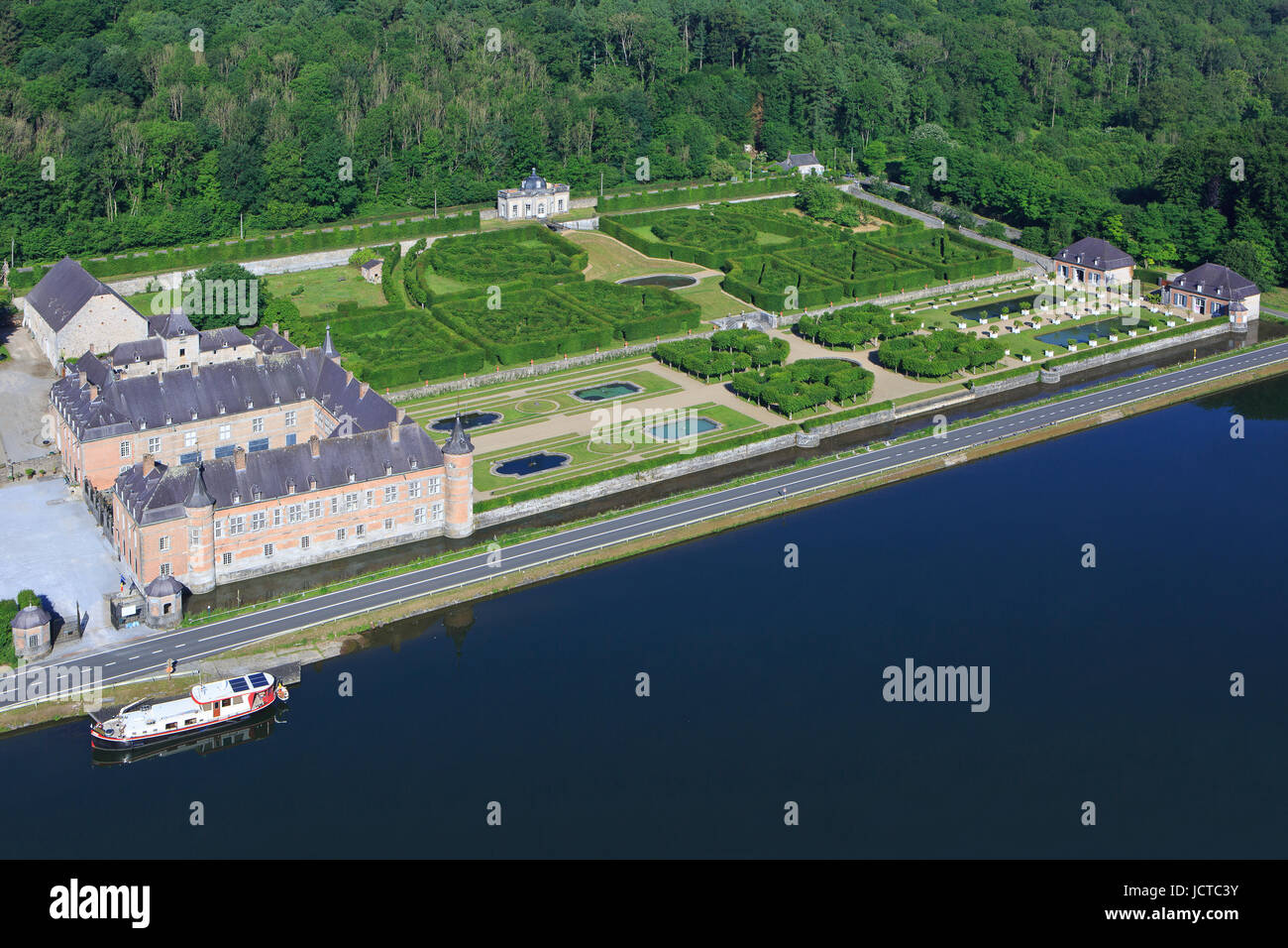 The medieval castle of Freyr along the River Meuse in Hastiere, Belgium ...