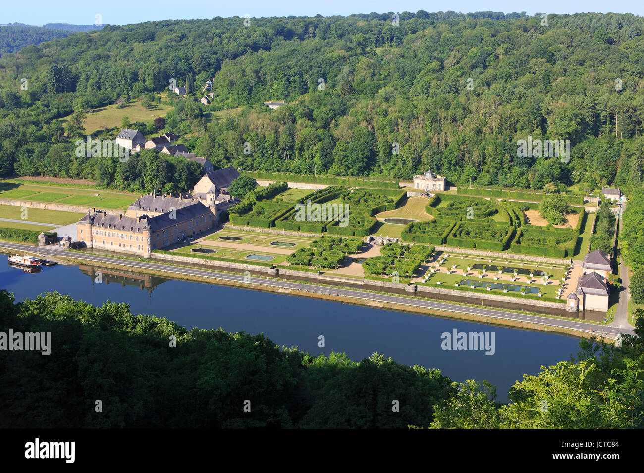 The medieval castle of Freyr along the River Meuse in Hastiere, Belgium ...