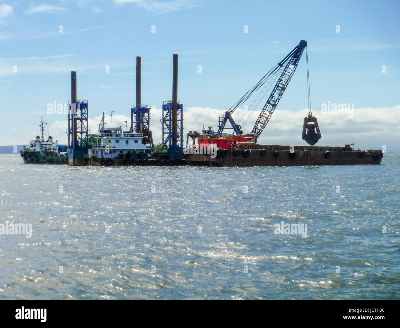 The cargo ship with the crane, the top view. Pipelaying barge Stock ...