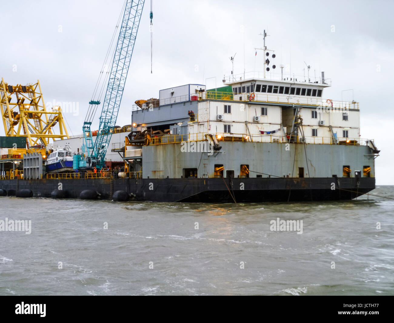 The cargo ship with the crane, the top view. Pipelaying barge Stock ...