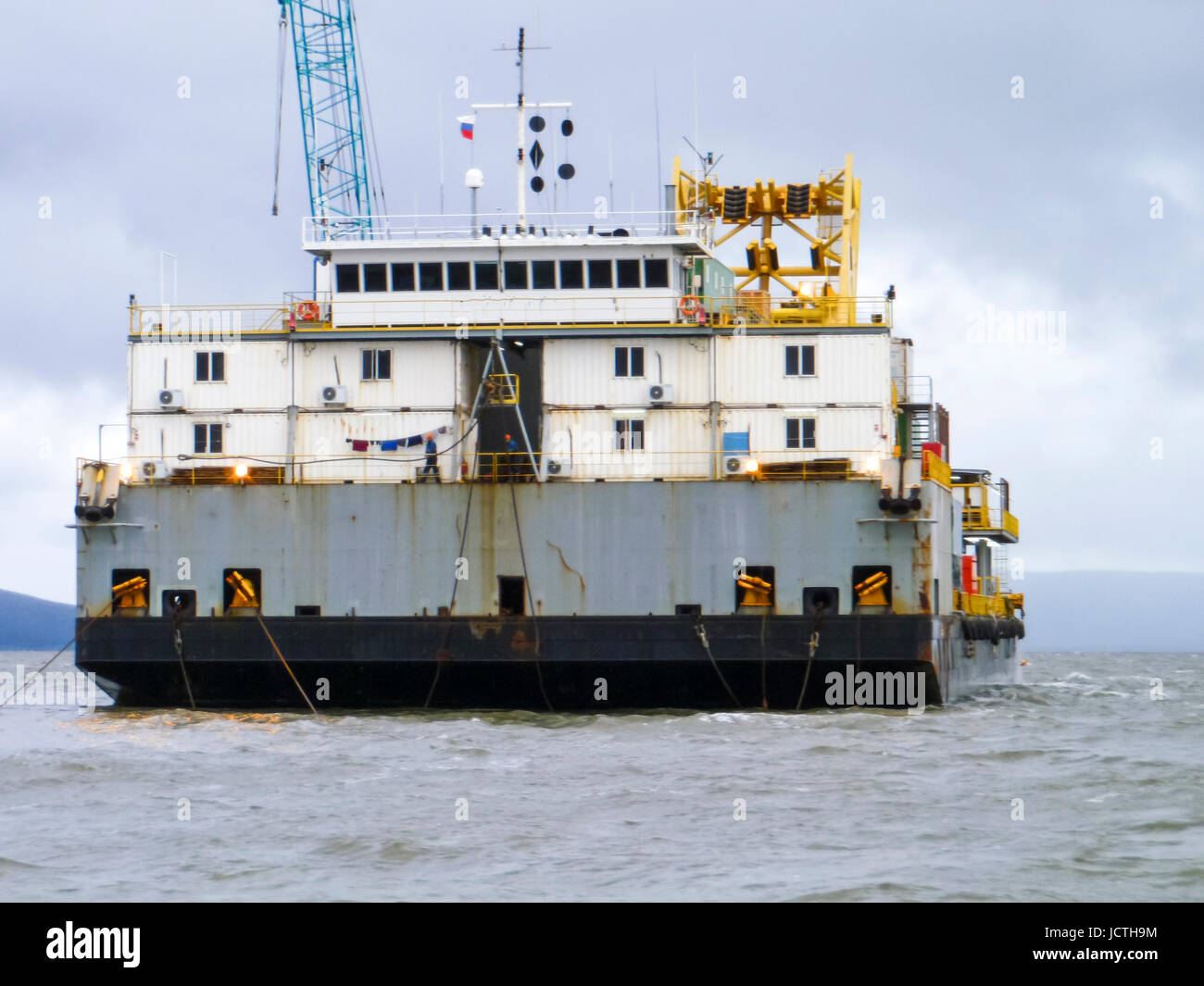 The cargo ship with the crane, the top view. Pipelaying barge Stock ...
