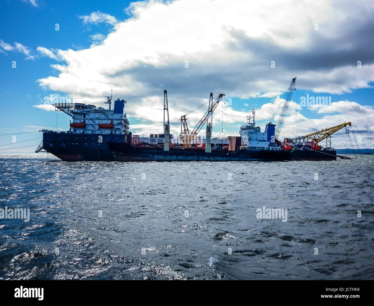 The cargo ship with the crane, the top view. Pipelaying barge Stock ...