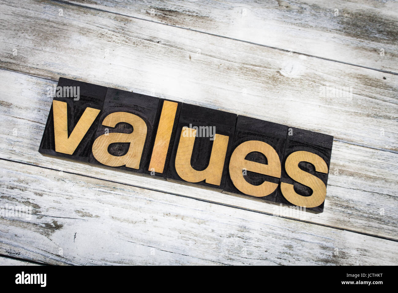 The word "values" written in wooden letterpress type on a white washed ...