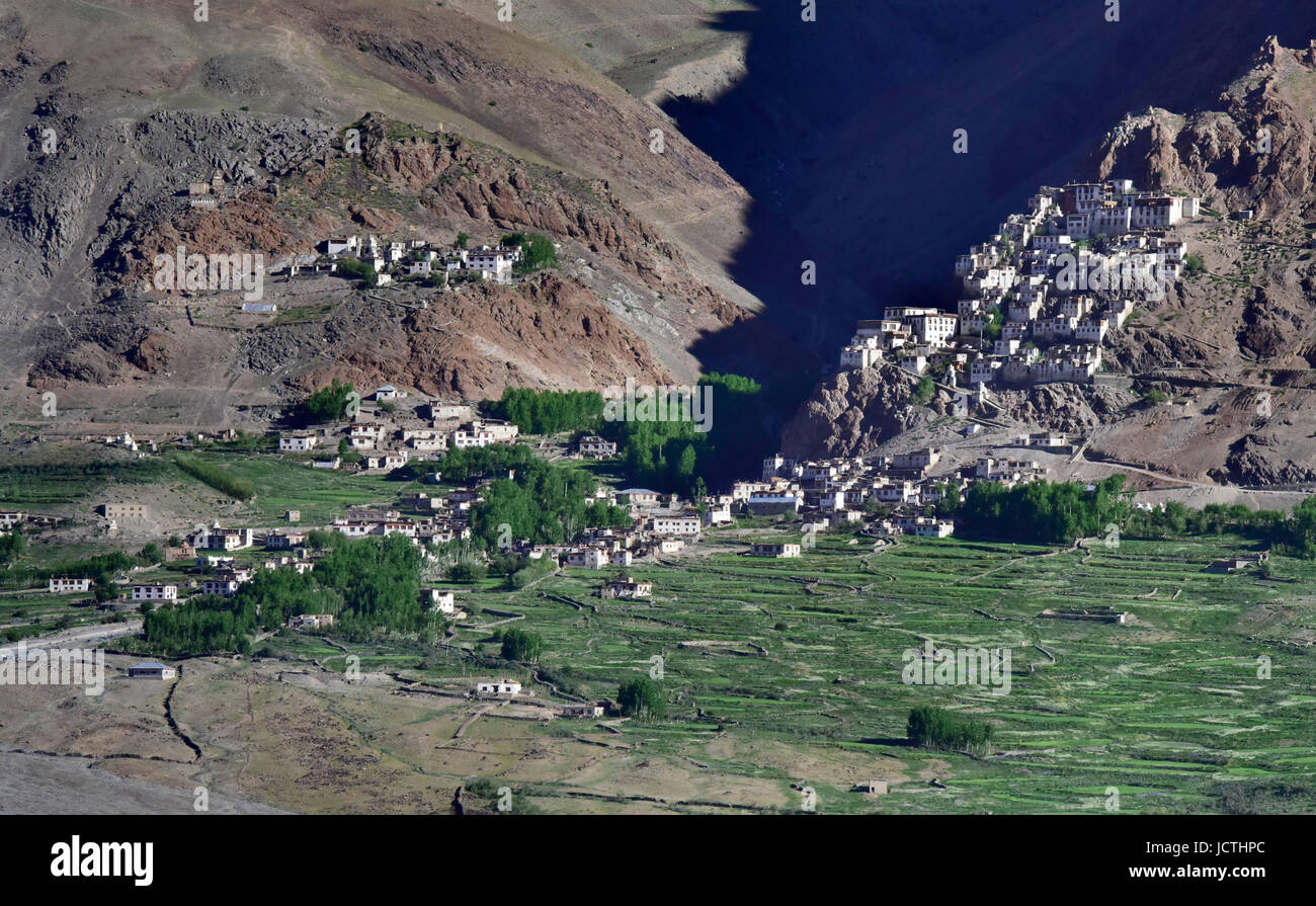 The rocky Buddhist city of Karcha Monastery in Zanskar: ancient white ...