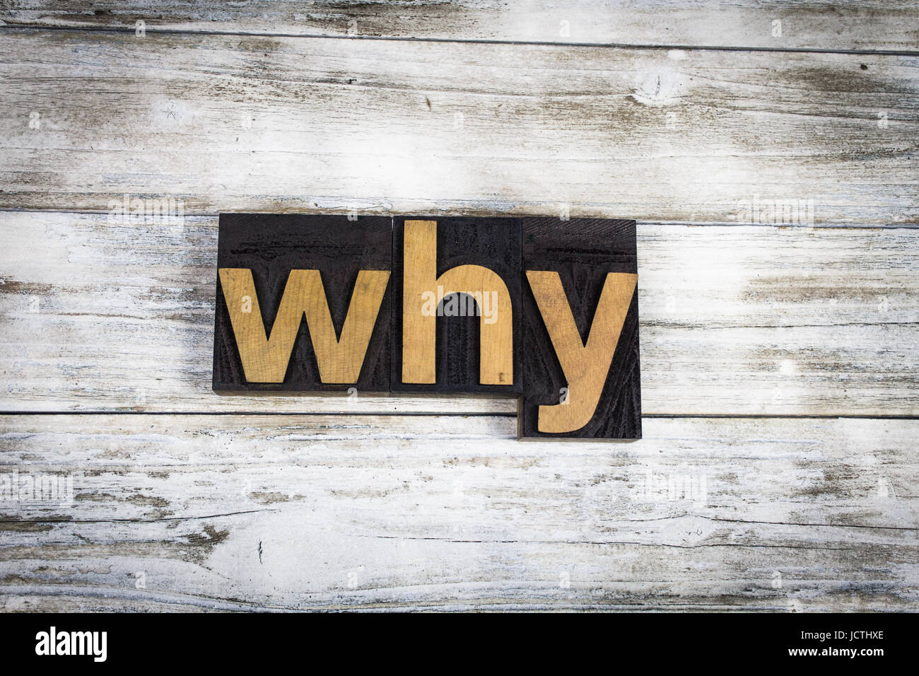 The word "why" written in wooden letterpress type on a white washed old ...