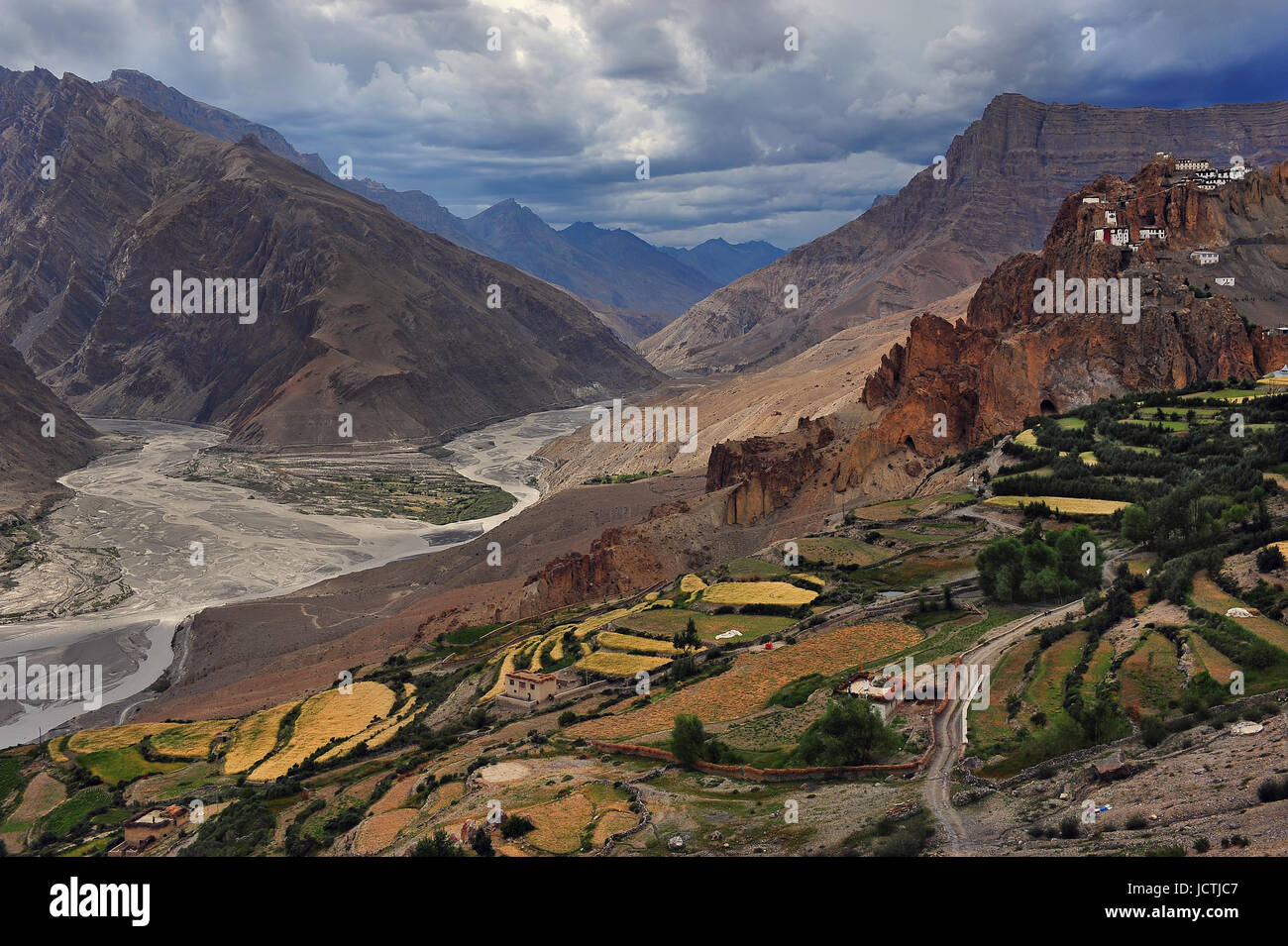 The famous ancient Buddhist monastery Dankar on the slope is a high ...
