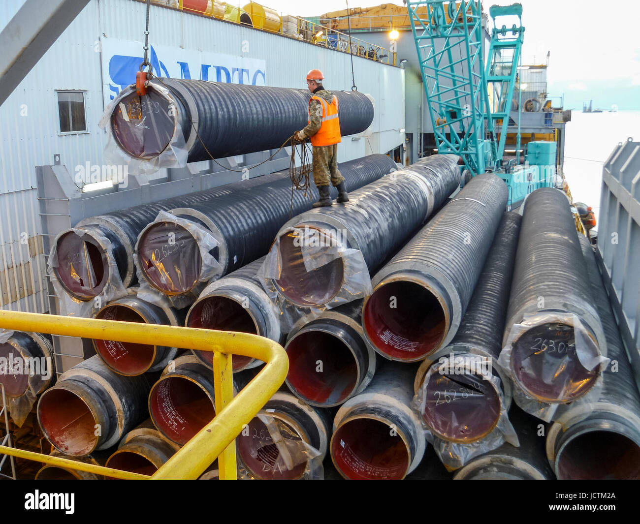 Baltic Sea, Russia - September 12, 2016: The deck lay barge. Pipes and ...