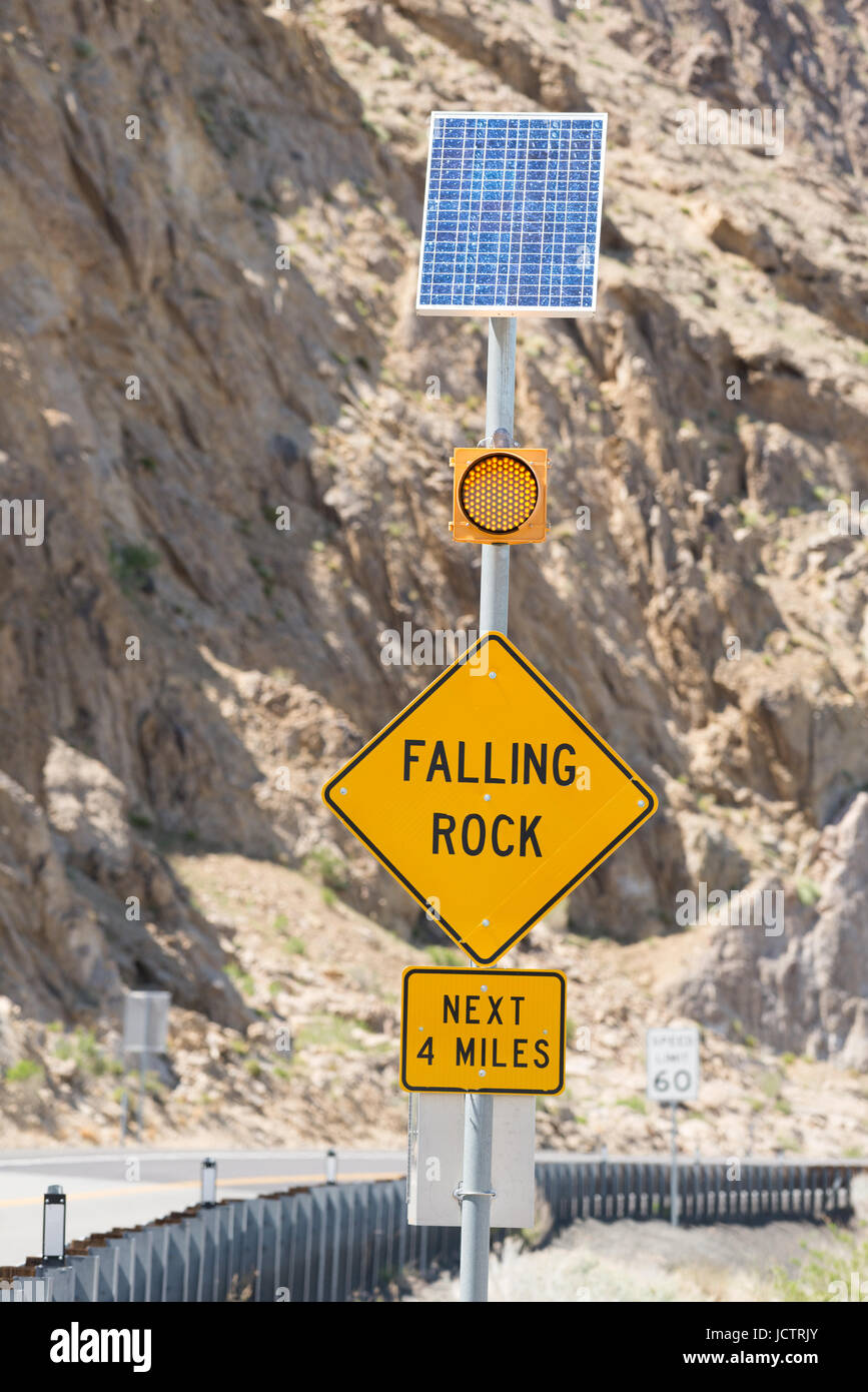 Solar powered falling rock warning sign on U.S. Highway 95 in Nevada ...