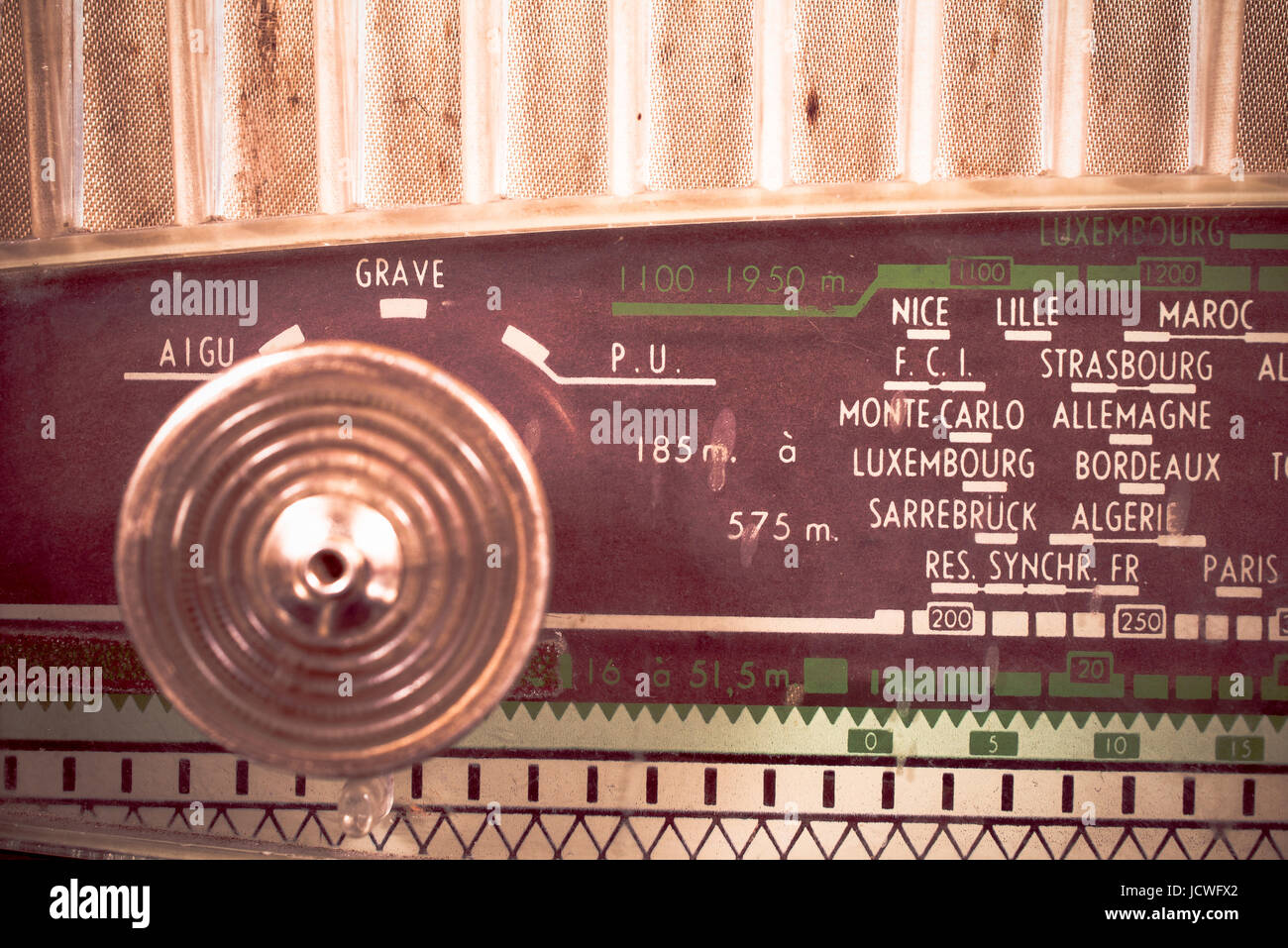 Detail take of a vintage radio receiver dial with the names of ...