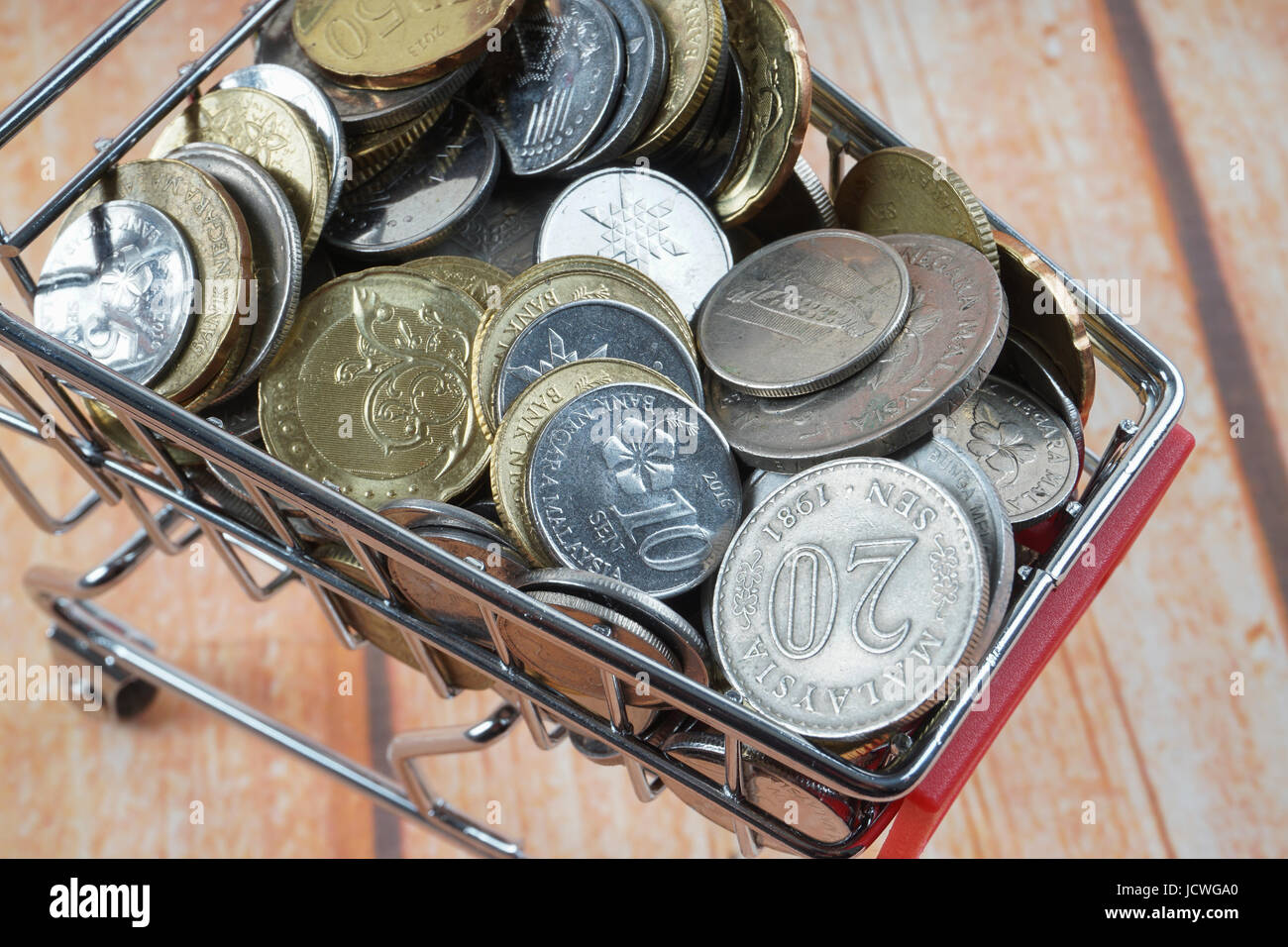 Trolley and coins isolated on white. Sales concept Stock Photo - Alamy