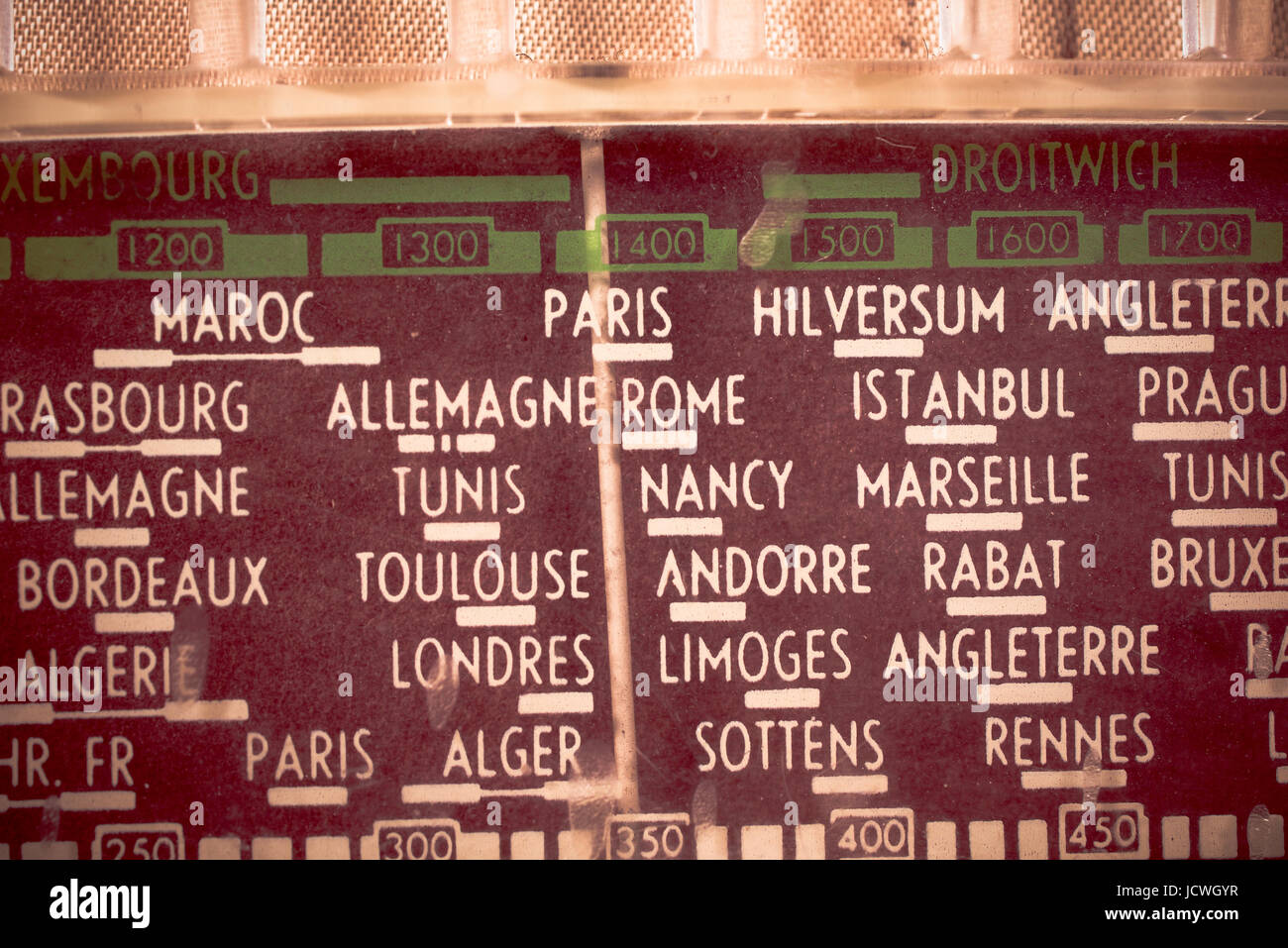 Detail take of a vintage radio receiver dial with the names of ...