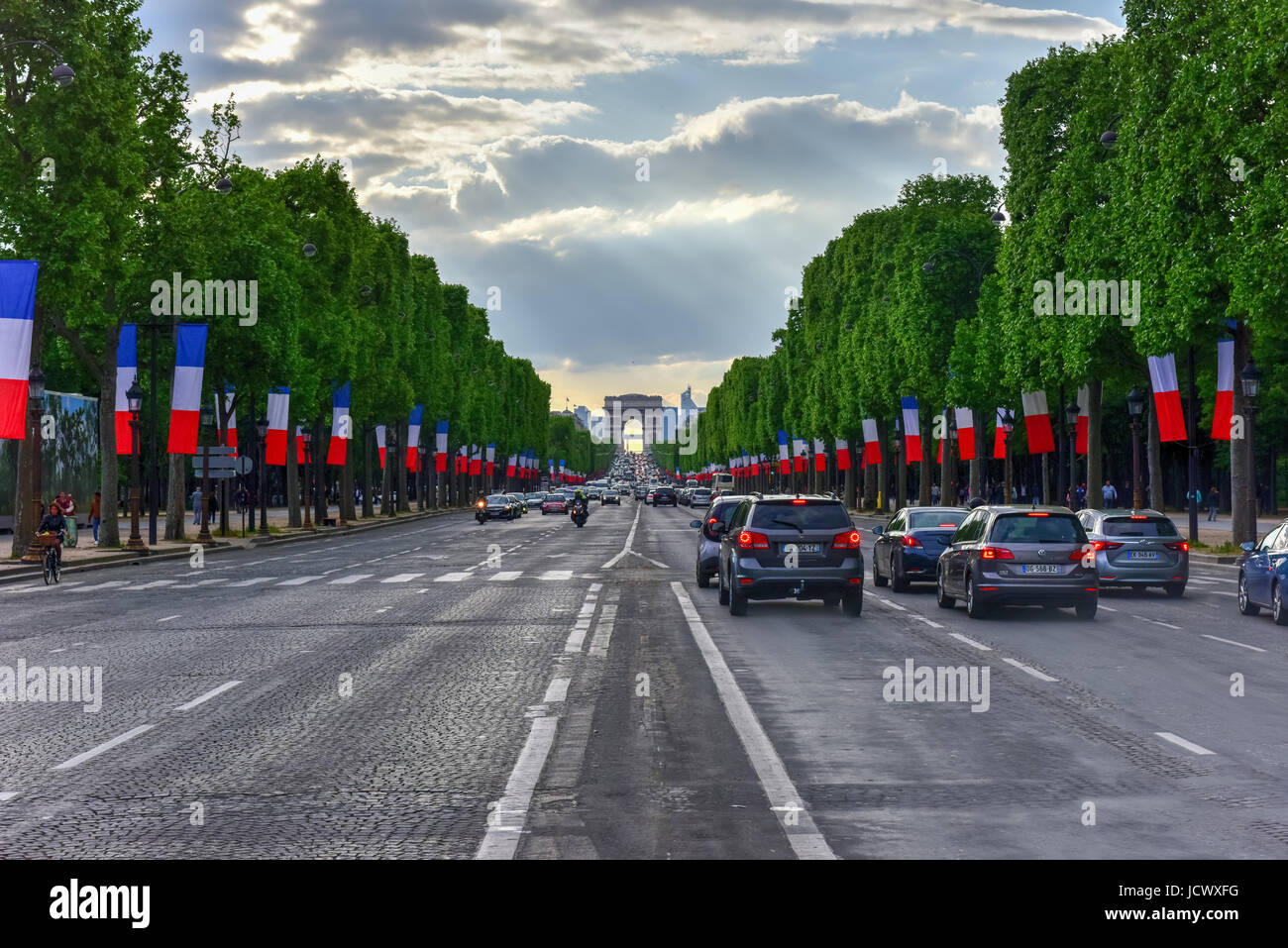 Paris, France - May 13, 2017: Traffic along Champ Elysees in Paris ...