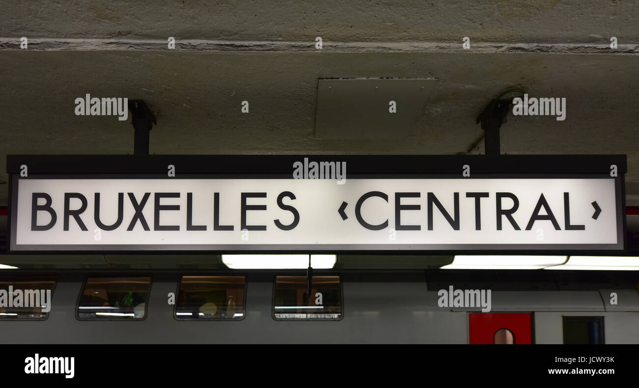Brussels Central Station sign. It is also known as Bruxelles-Central ...