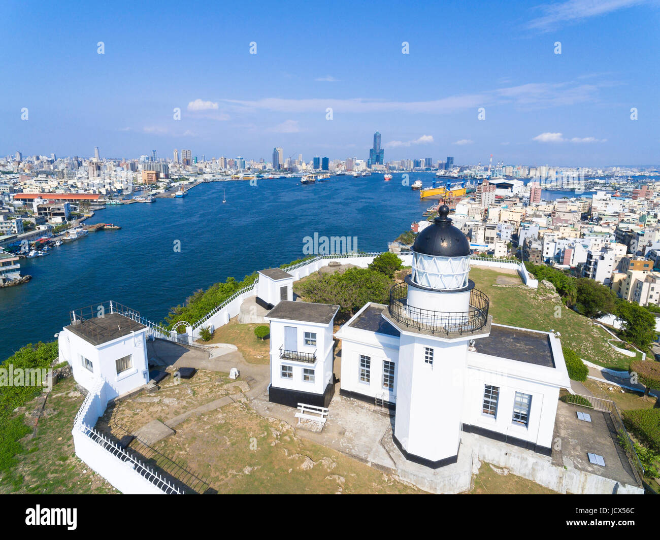 Aerial view of the city in Taiwan - Kaohsiung harbor and lighthouse ...
