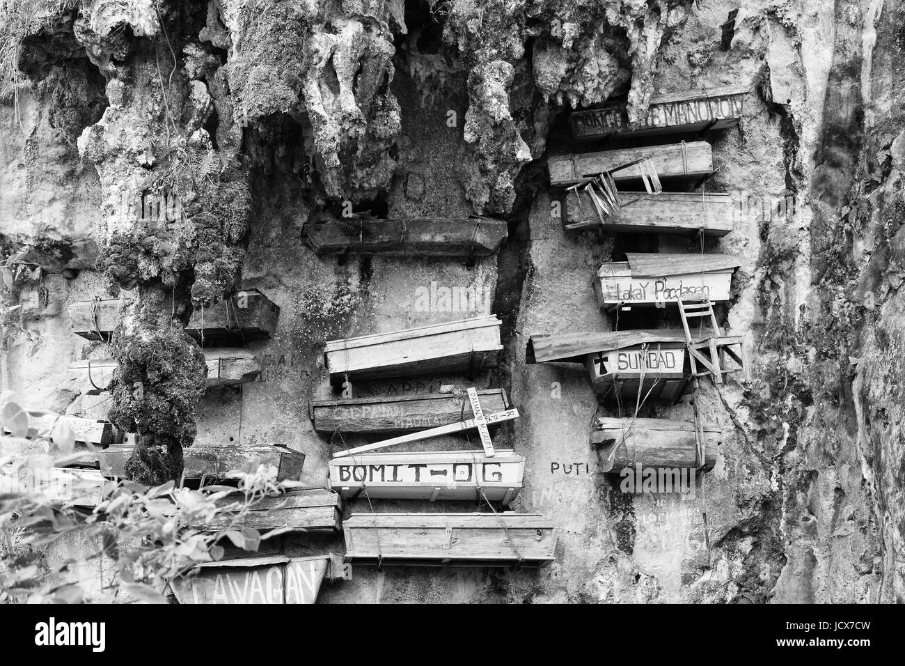 in philipphines the typical hanging cemetery in the mountain cliff ...