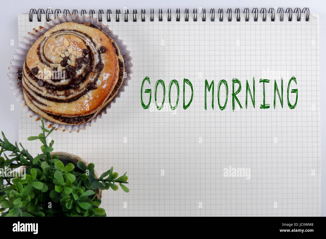 Business concept of simple breakfast, coffee and croissant with note ...