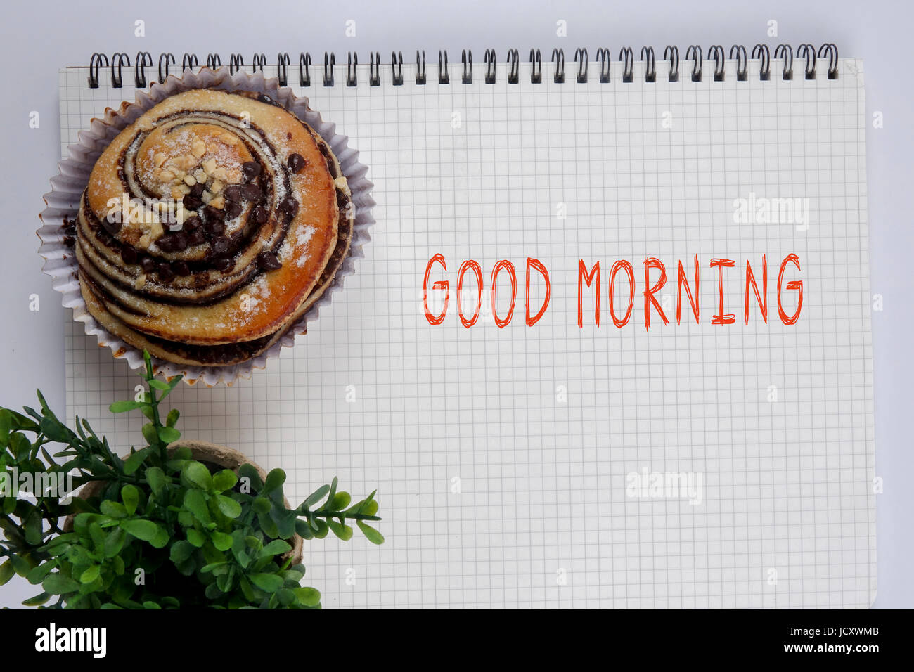 Business concept of simple breakfast, coffee and croissant with note ...