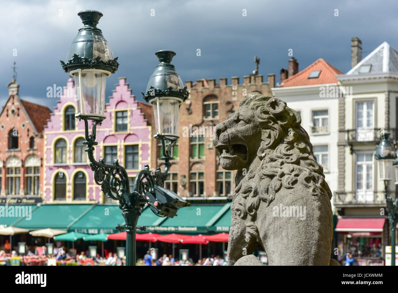 Famous old colorful buildings at Market square in Bruges, Belgium ...