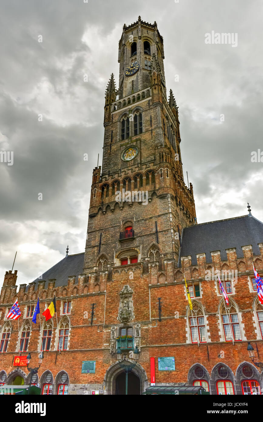 Belfry Tower in the historical center of Bruges, Belgium Stock Photo ...